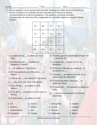 Holidays and Festivals Around the World Magic Square Spanish Worksheet ...