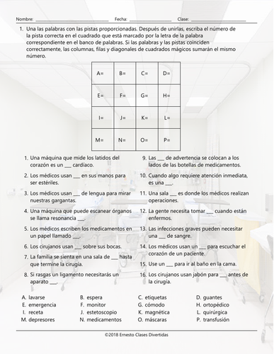 Hospitals and Injuries Magic Square Spanish Worksheet | Teaching Resources