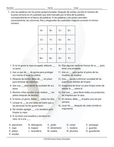 Household Chores and Cleaning Supplies Magic Square Spanish Worksheet ...