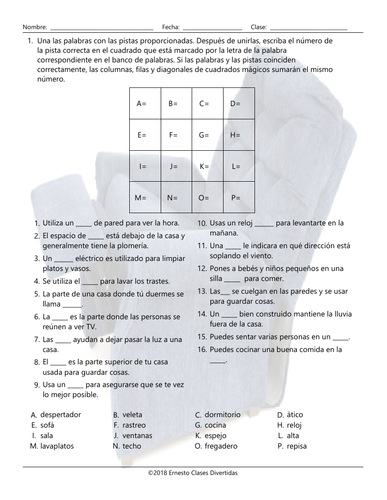 Houses, Rooms, Furniture, and Appliances Magic Square Spanish Worksheet ...