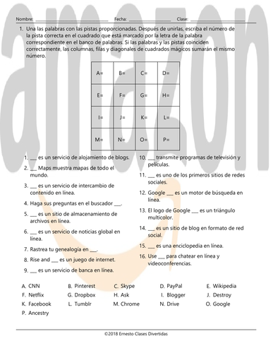 Internet Sites Magic Square Spanish Worksheet | Teaching Resources