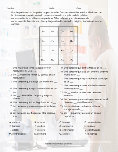 Jobs and Professions Magic Square Spanish Worksheet | Teaching Resources