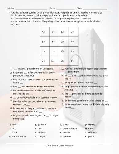 Money and Banking Magic Square Spanish Worksheet | Teaching Resources