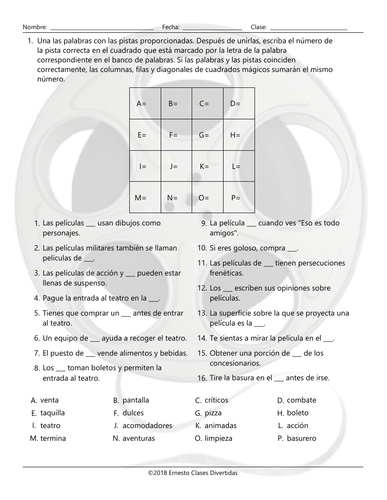 Movie Things and Genres Magic Square Spanish Worksheet | Teaching Resources