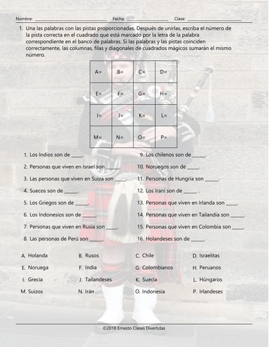 Origins and Nationalities Magic Square Spanish Worksheet | Teaching ...