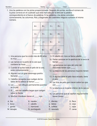 People Descriptions Magic Square Spanish Worksheet | Teaching Resources