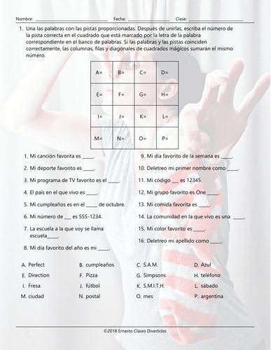 Personal Information Magic Square Spanish Worksheet | Teaching Resources