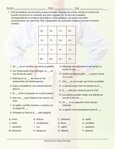Restaurant Things and Activities Magic Square Spanish Worksheet ...