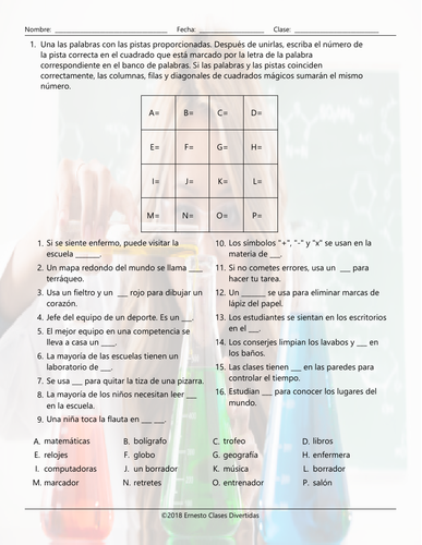 School Items, Places, and Subjects Magic Square Spanish Worksheet ...
