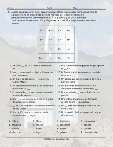 Space and Astronomy Magic Square Spanish Worksheet | Teaching Resources