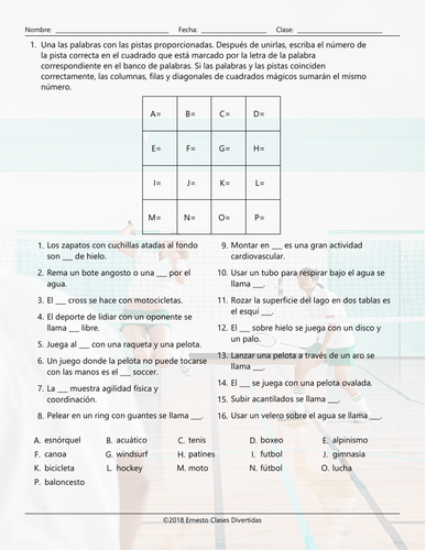Sports and Exercise Magic Square Spanish Worksheet | Teaching Resources