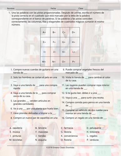 Stores and Shops Magic Square Spanish Worksheet | Teaching Resources
