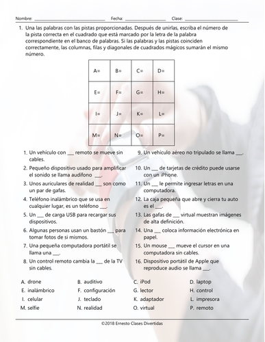 Technology and Gadgets Magic Square Spanish Worksheet | Teaching Resources