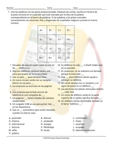 Telephones Magic Square Spanish Worksheet | Teaching Resources