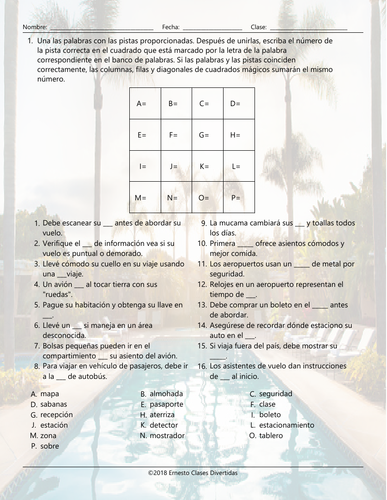 Travel Items and Modes Magic Square Spanish Worksheet | Teaching Resources