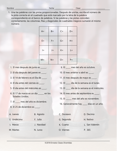 Weekdays, Months, and Dates Magic Square Spanish Worksheet | Teaching ...