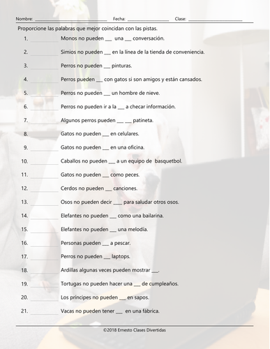 Ability Modals Matching Spanish Worksheet | Teaching Resources