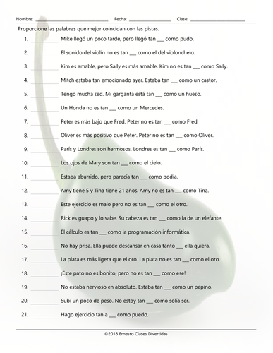 Comparisons with As ...+... As Matching Spanish Worksheet | Teaching ...