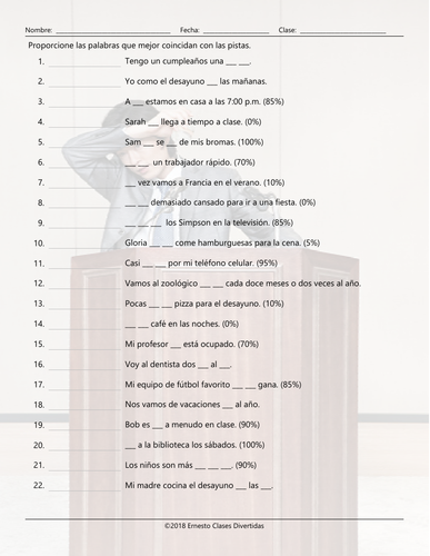 Frequency Adverbs Matching Spanish Worksheet | Teaching Resources