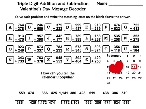 Triple Digit Addition and Subtraction Valentine's Day Math: Message ...