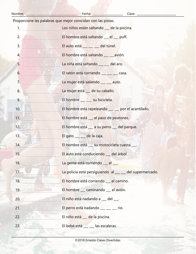 Movement Prepositions Matching Spanish Worksheet | Teaching Resources