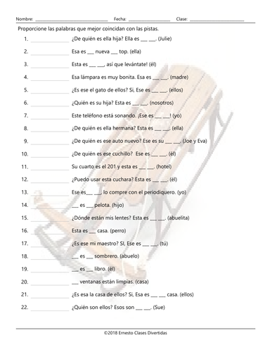 Possessive Adjectives Matching Spanish Worksheet | Teaching Resources