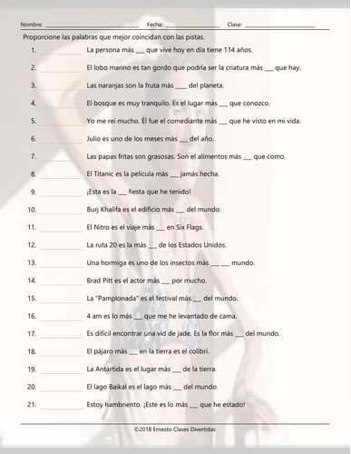 Superlative Adjectives Matching Spanish Worksheet | Teaching Resources