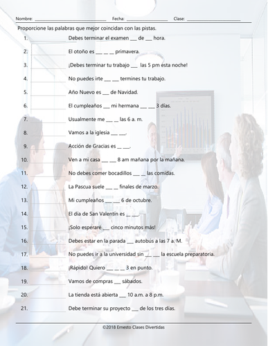 Time Prepositions Matching Spanish Worksheet | Teaching Resources