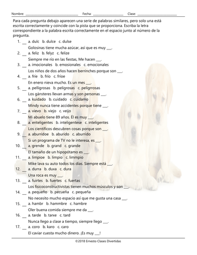 Adjectives Spelling Challenge Spanish Worksheet | Teaching Resources
