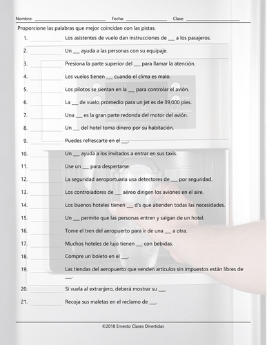 Airports and Hotels Matching Spanish Worksheet | Teaching Resources