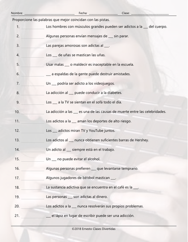 Bad Habits and Addictions Matching Spanish Worksheet | Teaching Resources