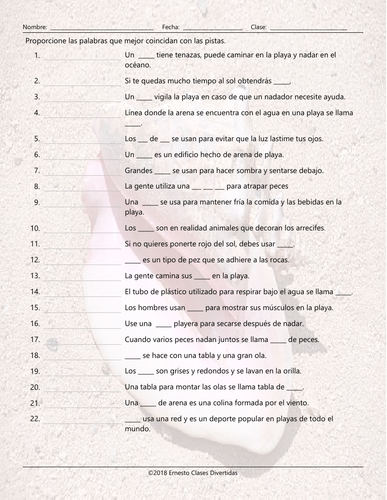 Beach Things and Activities Matching Spanish Worksheet | Teaching Resources