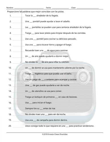 Camping Things and Activities Matching Spanish Worksheet | Teaching ...