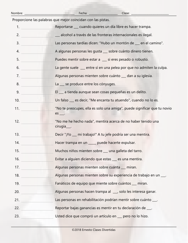 Cheaters and Dishonesty Matching Spanish Worksheet | Teaching Resources