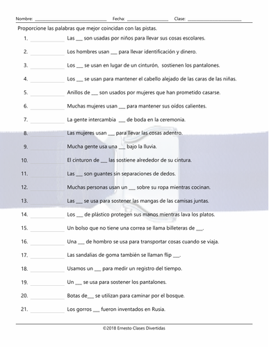 Clothing Accessories, Footwear, and Jewelry Matching Spanish Worksheet ...