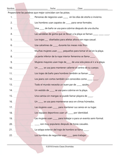 Clothing Items Matching Spanish Worksheet | Teaching Resources