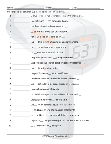 Crime, Law Enforcement, and Courts Matching Spanish Worksheet ...