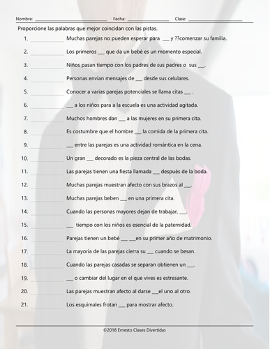 Dating and Marriage Matching Spanish Worksheet | Teaching Resources