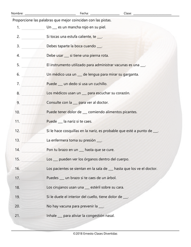 Doctor's, Illnesses, and Injuries Matching Spanish Worksheet | Teaching ...