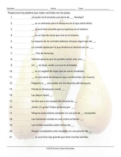 Food Items Matching Spanish Worksheet | Teaching Resources