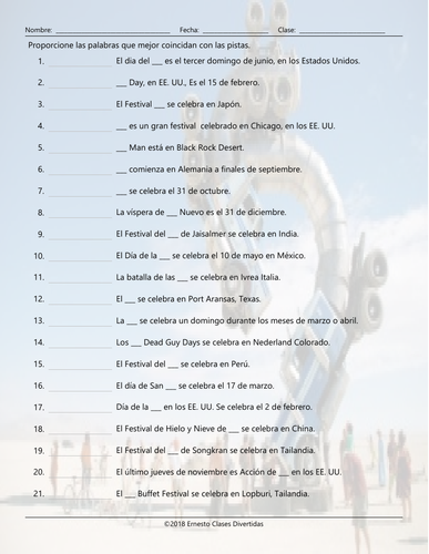 Holidays and Festivals Around the World Matching Spanish Worksheet ...