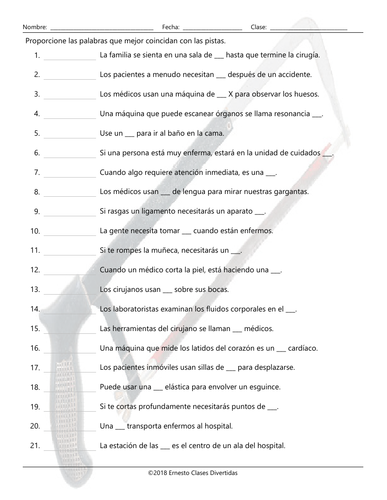 Hospitals and Injuries Matching Spanish Worksheet | Teaching Resources