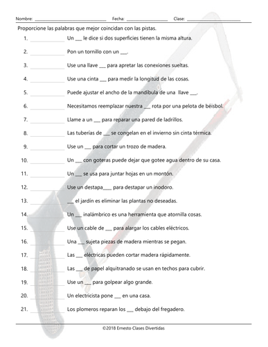 House Repairs, Tools, and Supplies Matching Spanish Worksheet ...