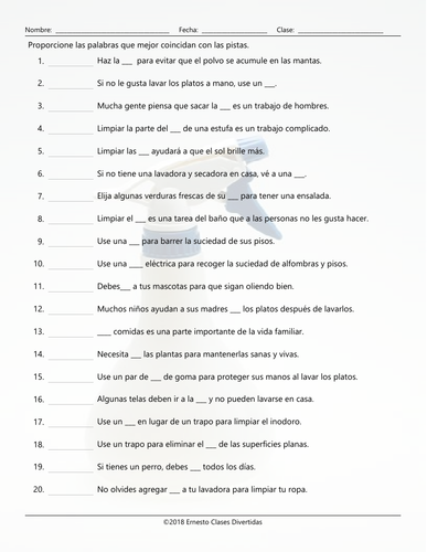 Household Chores and Cleaning Supplies Matching Spanish Worksheet ...