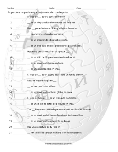 Internet Sites Matching Spanish Worksheet | Teaching Resources