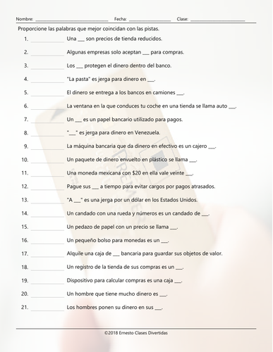Money and Banking Matching Spanish Worksheet | Teaching Resources