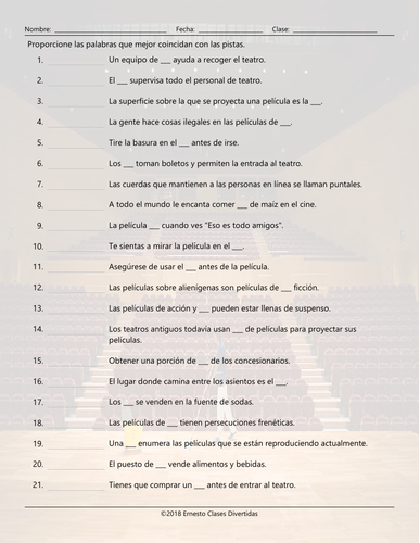 Movie Things and Genres Matching Spanish Worksheet | Teaching Resources