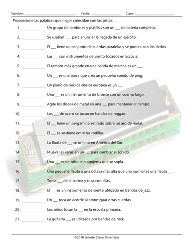 Musical Instruments Matching Spanish Worksheet | Teaching Resources