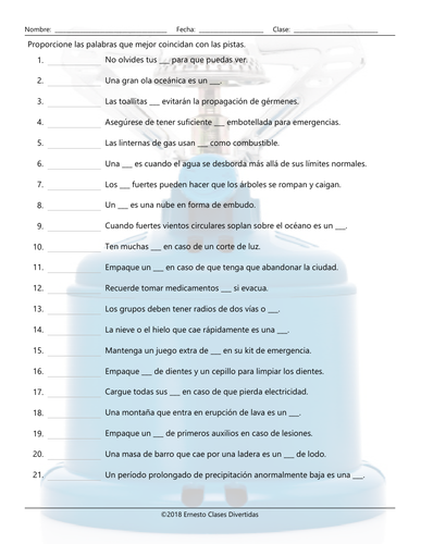 Natural Disasters and Emergencies Matching Spanish Worksheet | Teaching ...