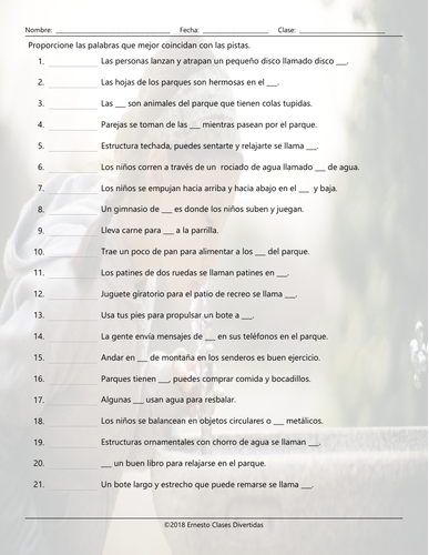 Park Things and Activities Matching Spanish Worksheet | Teaching Resources